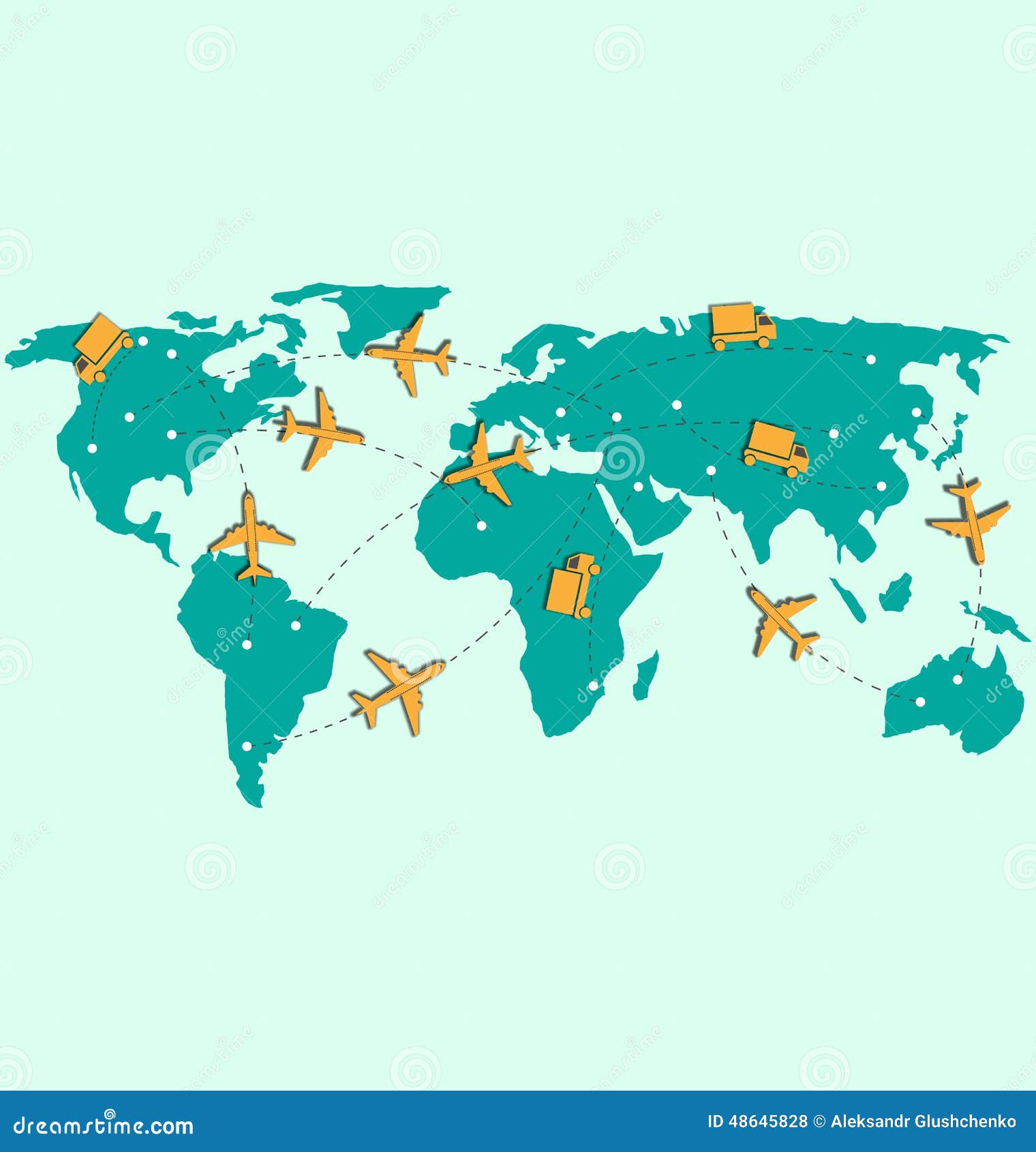 World Map with Air Planes and Trucks Isolated on Blue Stock Vector ...