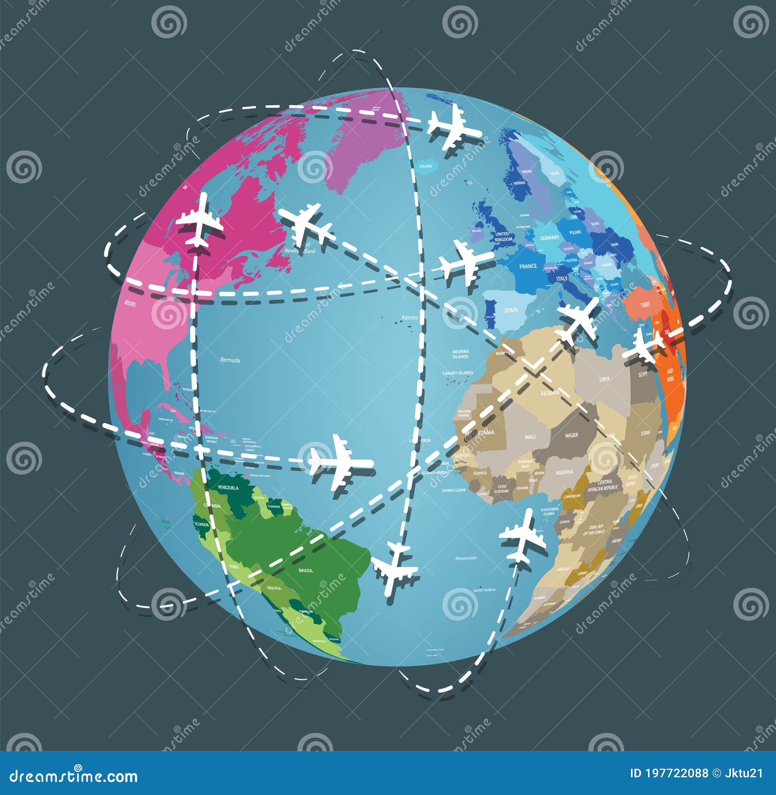 Vector Earth Planet with Flying Airplanes` Dotted Path on it. Travel ...