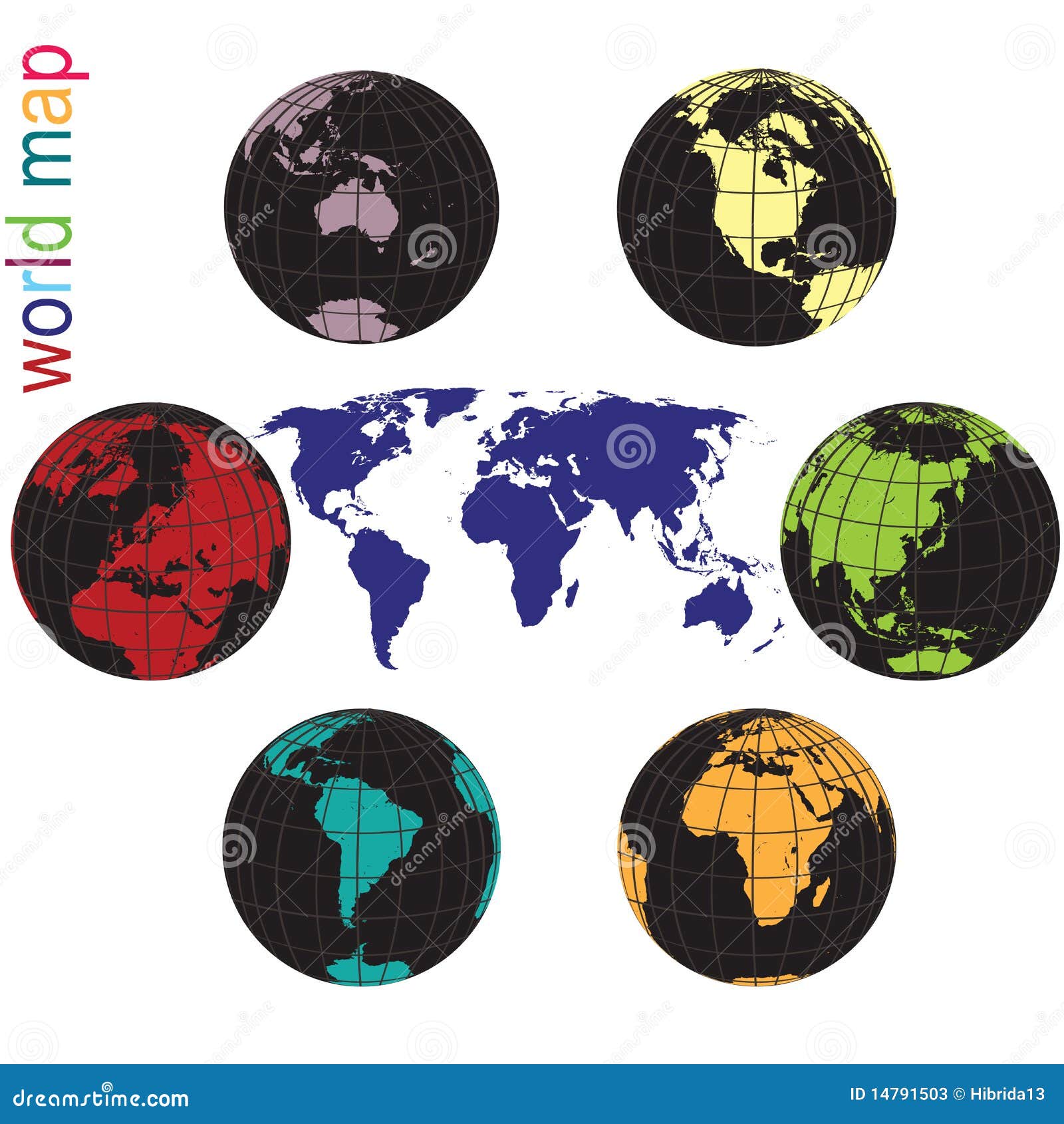 World Map in All Colors and Earth Globes Stock Illustration ...