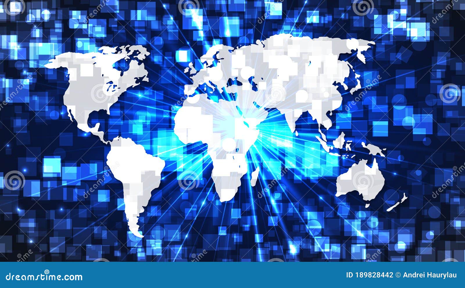World Map on a Background of Luminous Pixels. High-tech Digital Network ...