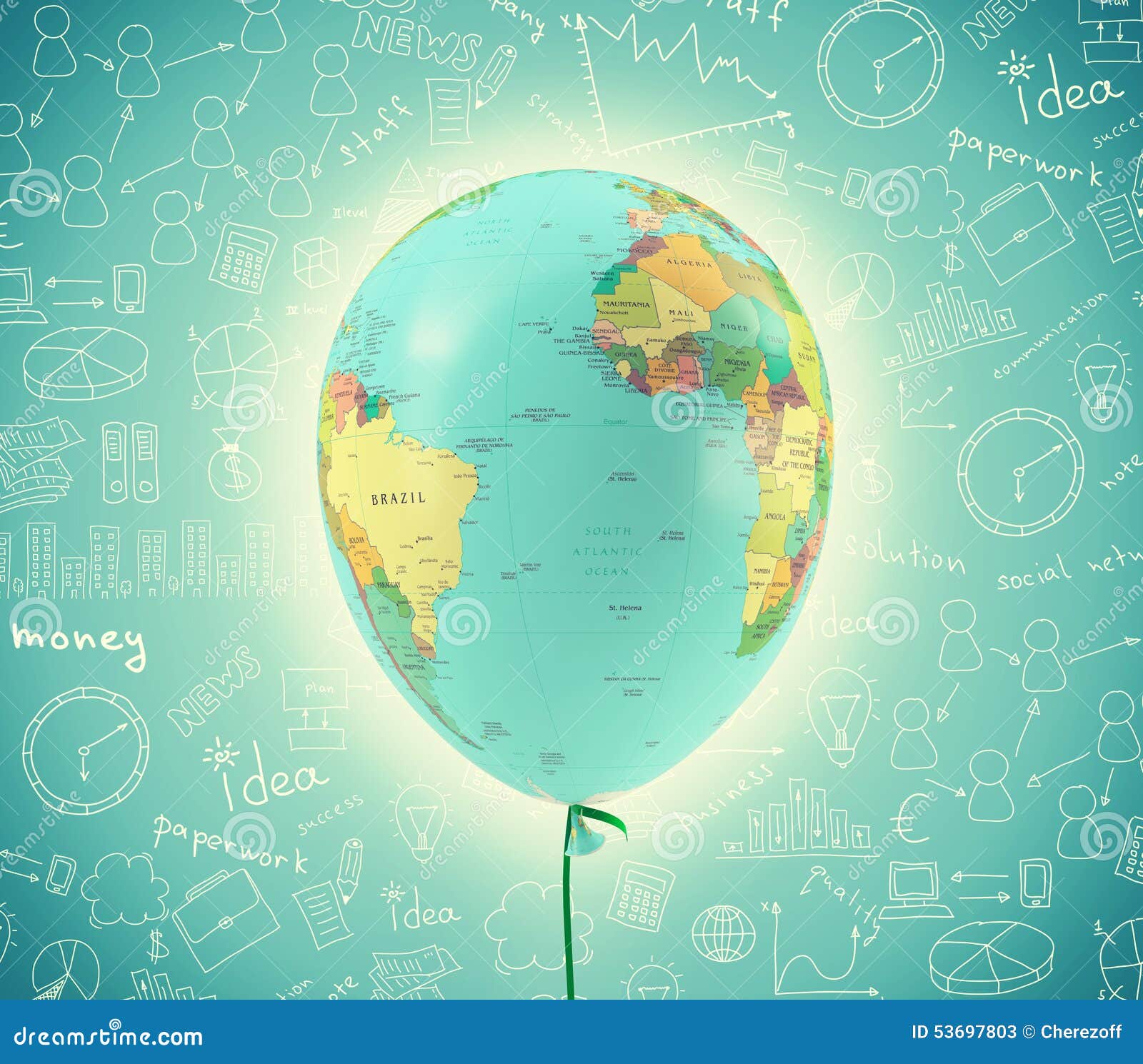 World map in balloon shape stock illustration. Illustration of titles ...
