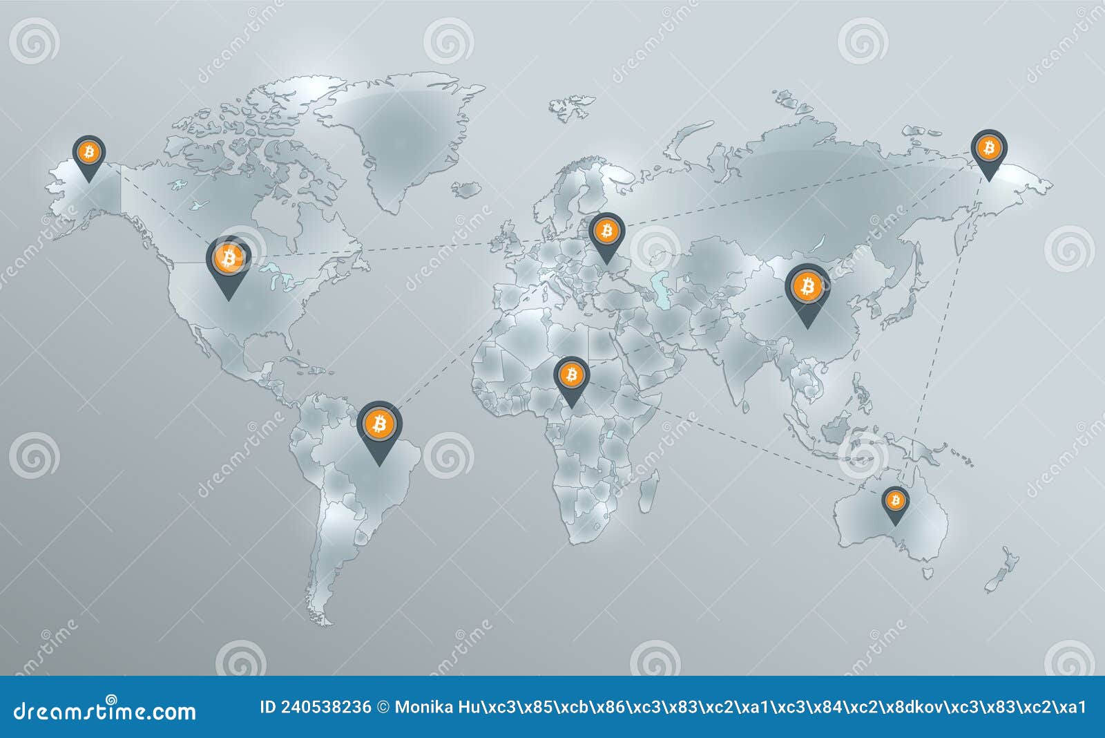 World Map, Bitcoin Network and Icons Pointer, Separates States, Design ...