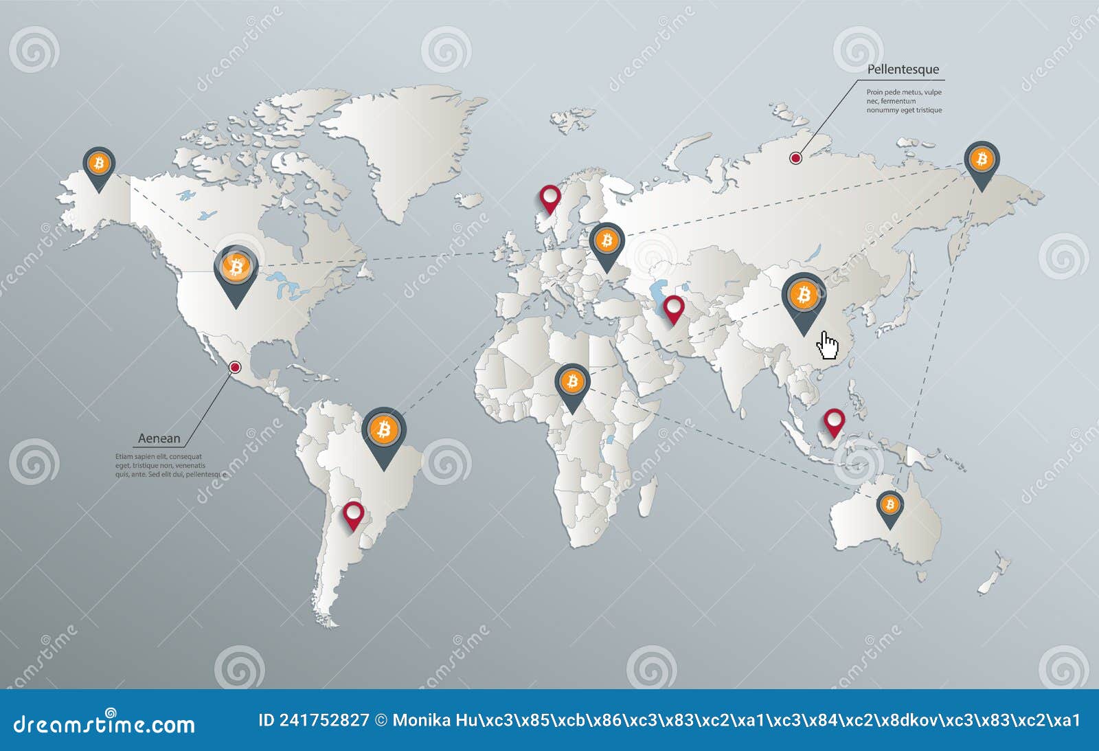 World Map, Bitcoin Network and Location Pointer, Blue White Card Paper ...