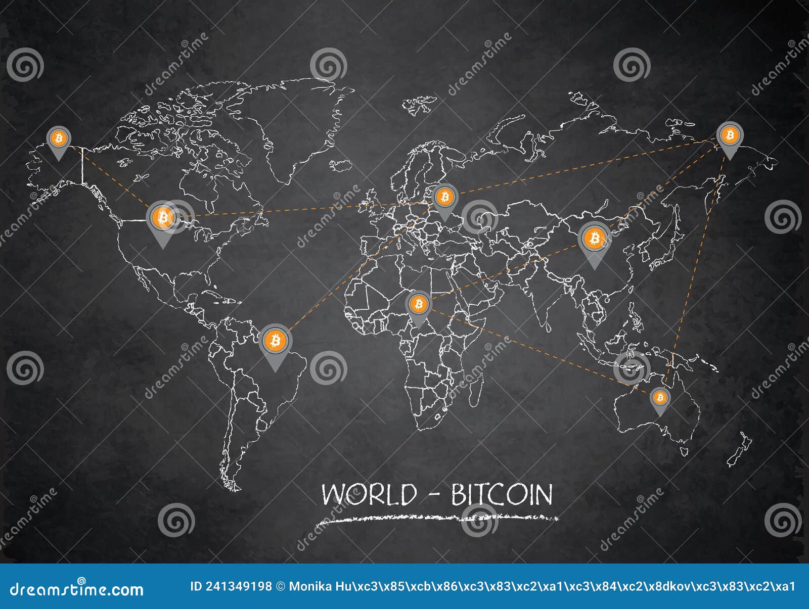 World Map, Bitcoin Network and Location Pointer, Design Card Blackboard ...