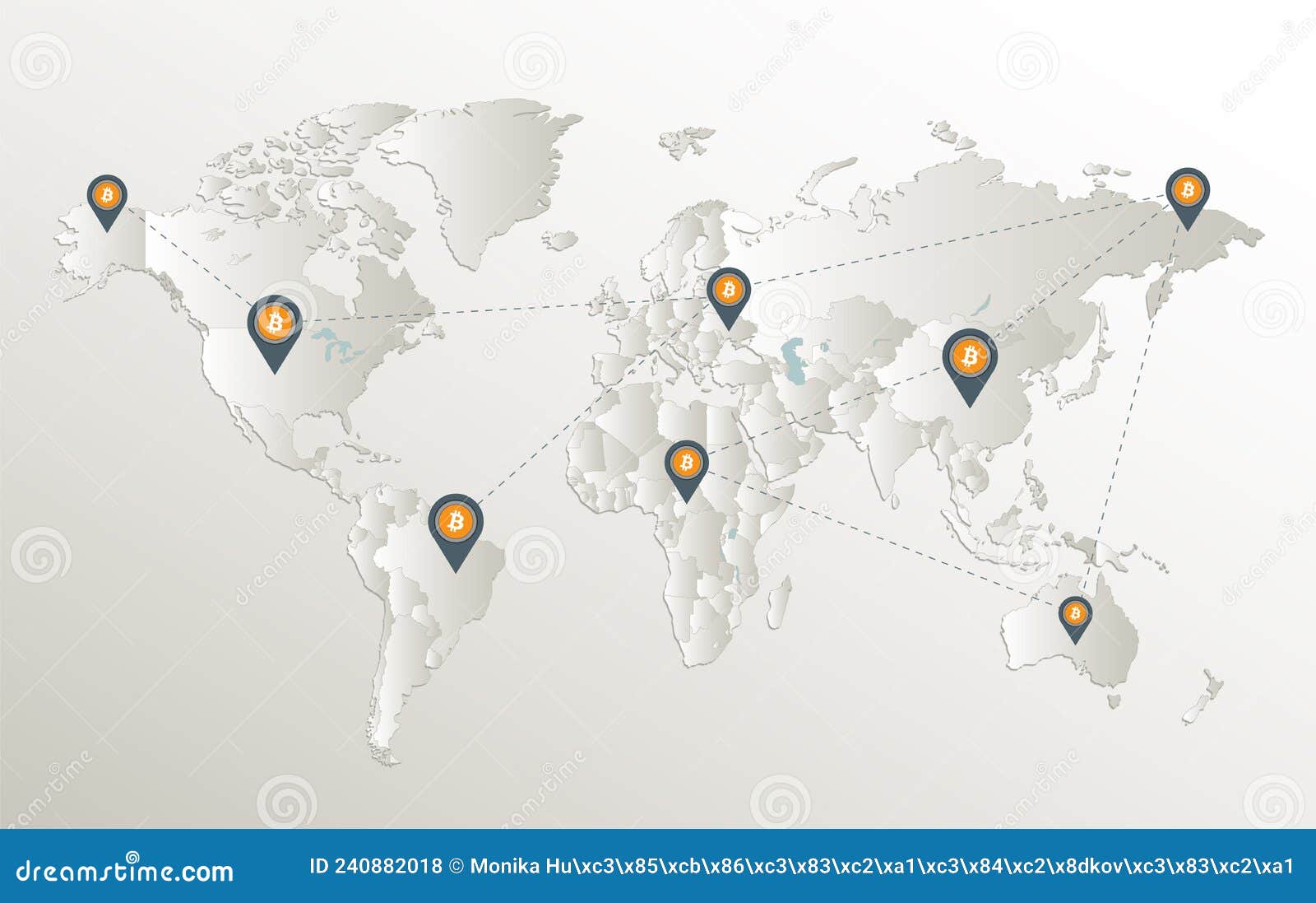 World Map, Bitcoin Network and Location Pointer, Separates States, Card ...