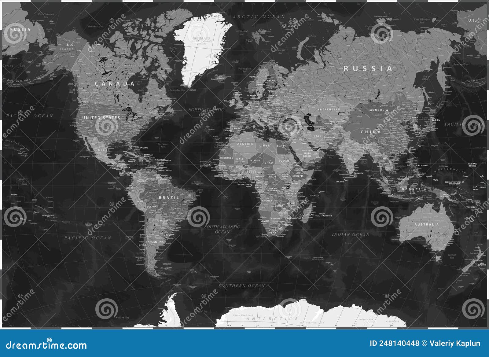 World Map - Black Dark Political - Vector Detailed Illustration Stock ...