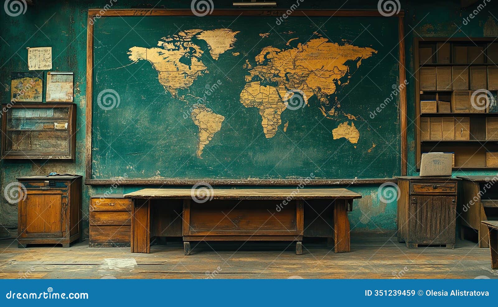 World Map on Blackboard in Empty Vintage Retro Classroom, with Copy ...