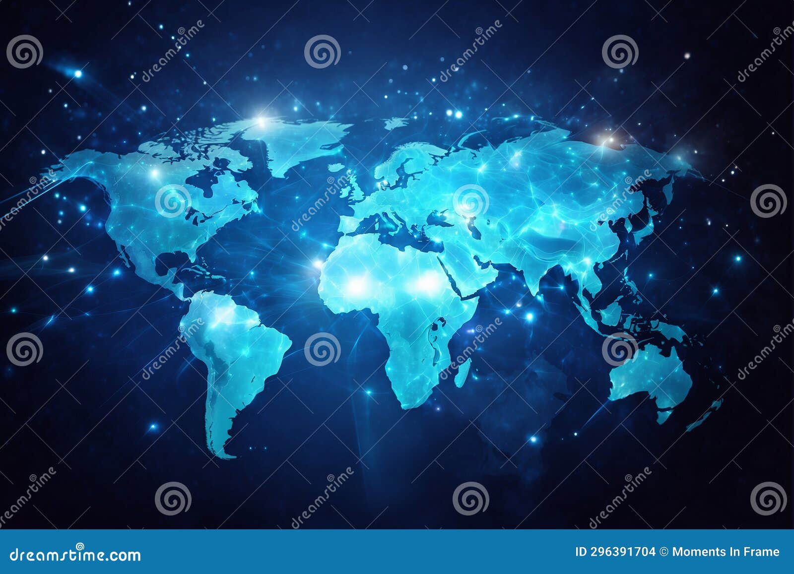World Map on Blue Background, Glowing Lines and Dots Stock Illustration ...