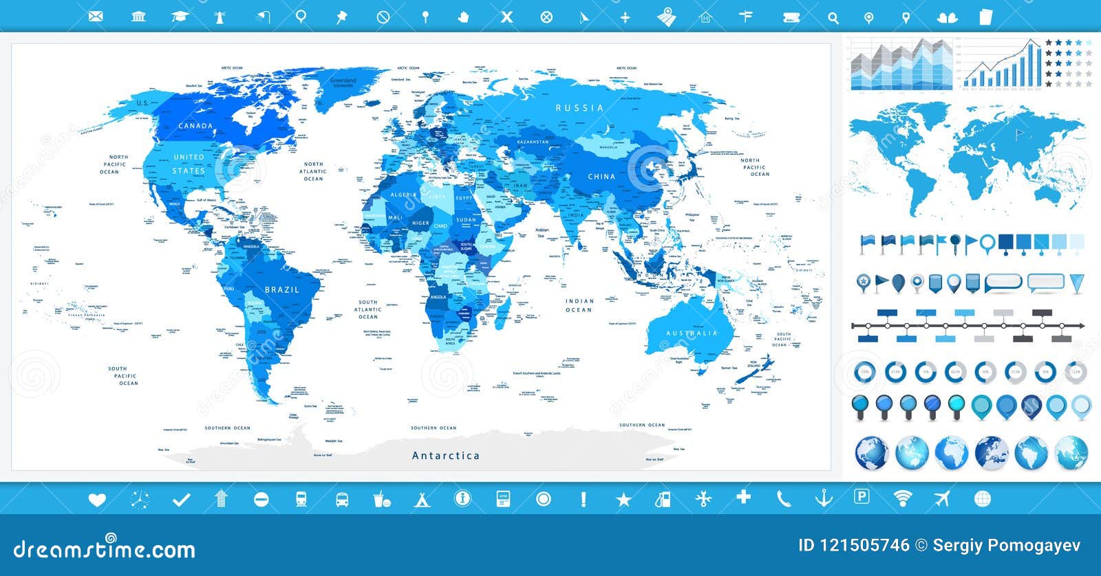 World Map Blue Colors and Infographic Elements Stock Vector ...