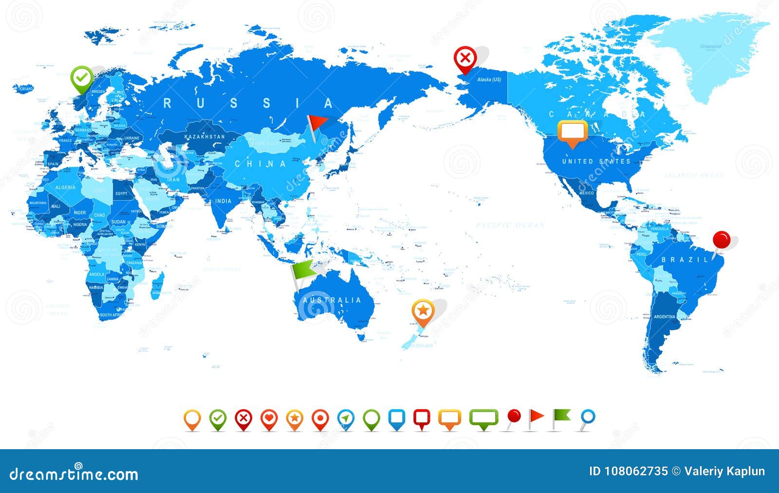 World Map Blue and Icons - Asia in Center Stock Illustration ...