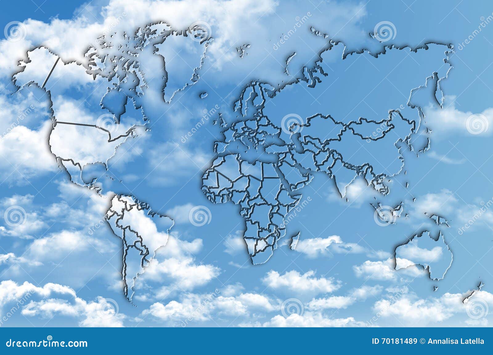 World Map on Blue Sky with Fluffy Clouds Stock Image - Image of ...