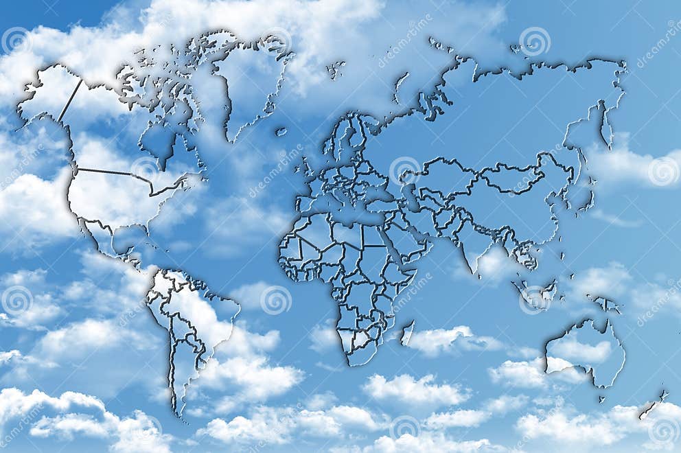 World Map on Blue Sky with Fluffy Clouds Stock Image - Image of ...