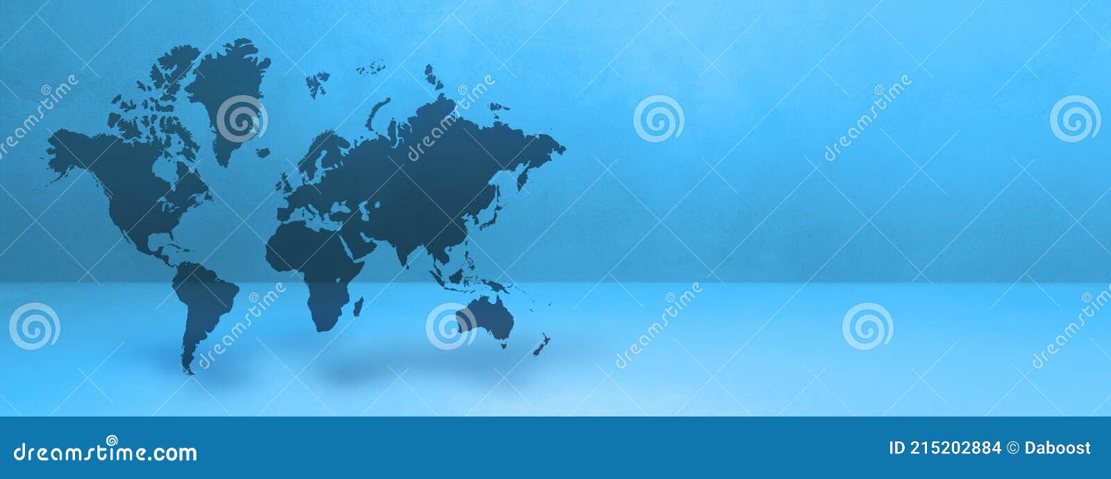 World Map on Blue Wall Background. 3D Illustration. Horizontal Banner ...