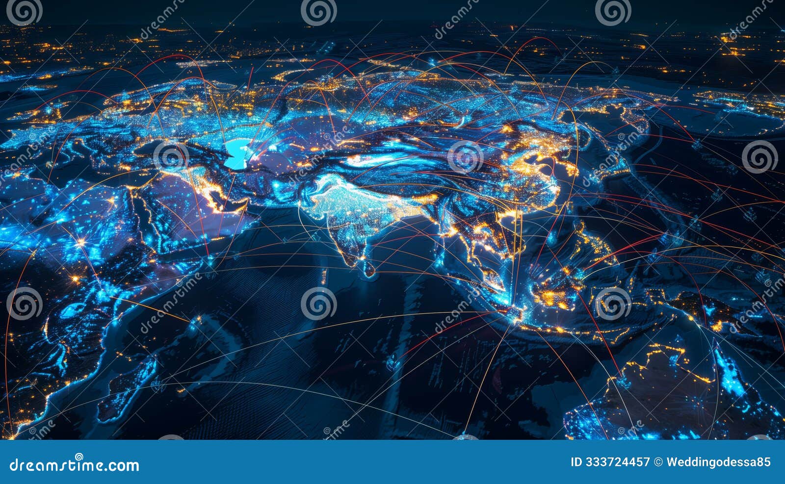 World Map with Bright Lights Indicating Cities and Transport Routes ...