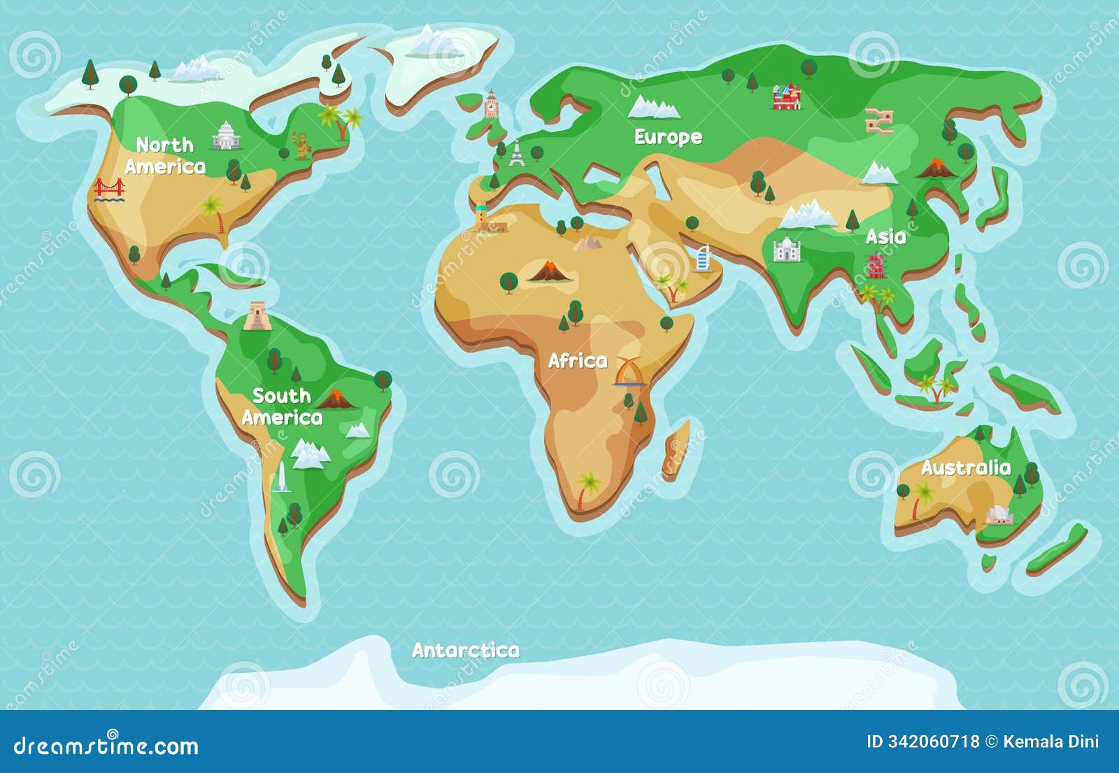 World map cartoon landmark stock illustration. Illustration of country ...