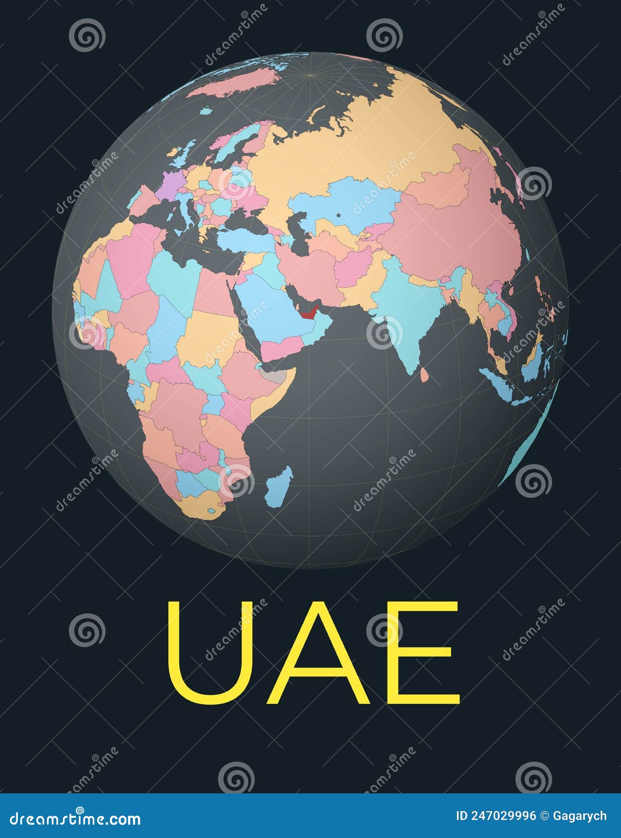 World map centered to UAE. stock vector. Illustration of emirian ...