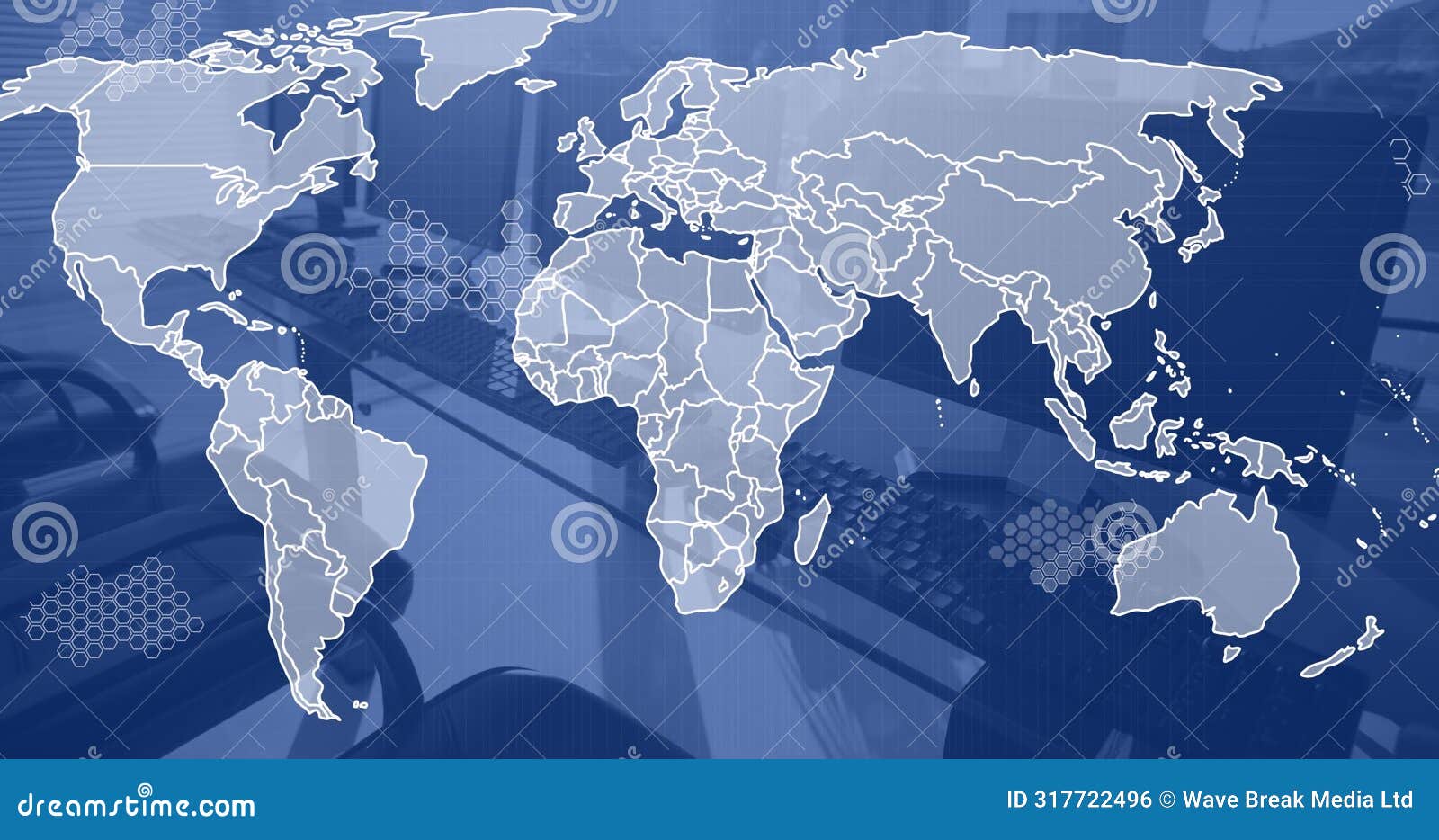 World Map, Charts and Data Processing Over Computers on Desks in Empty ...