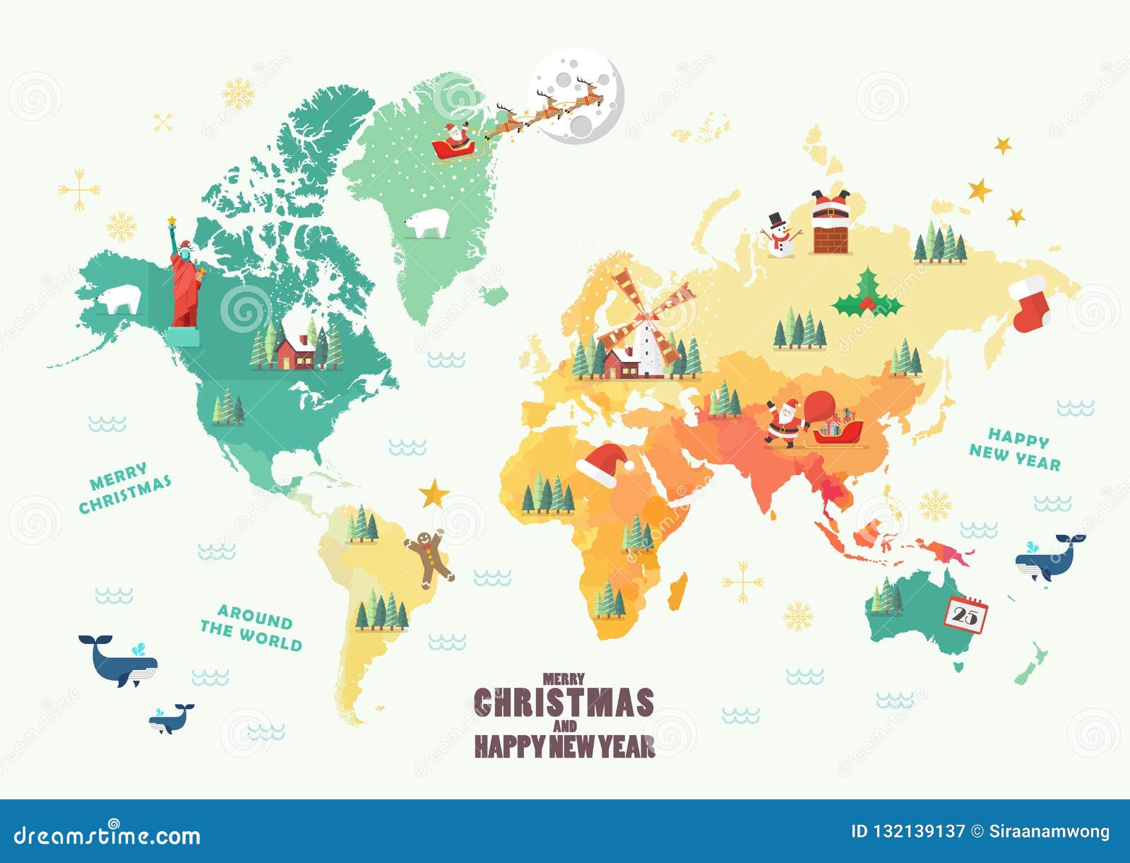 World Map with Christmas Elements Stock Vector - Illustration of gift ...