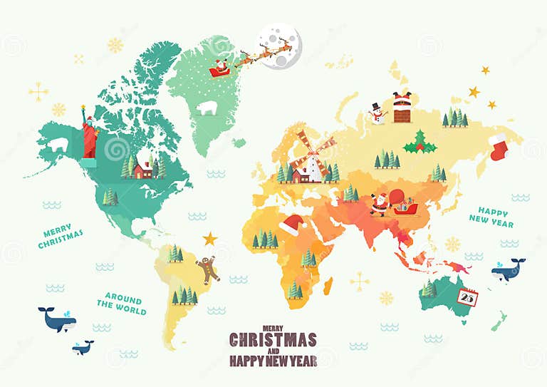 World Map with Christmas Elements Stock Vector - Illustration of gift ...