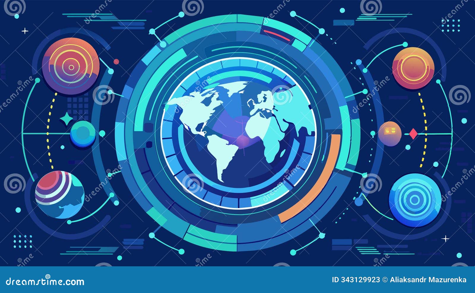 World Map in Circle Interface Virtual Future with Futuristic Graphics ...