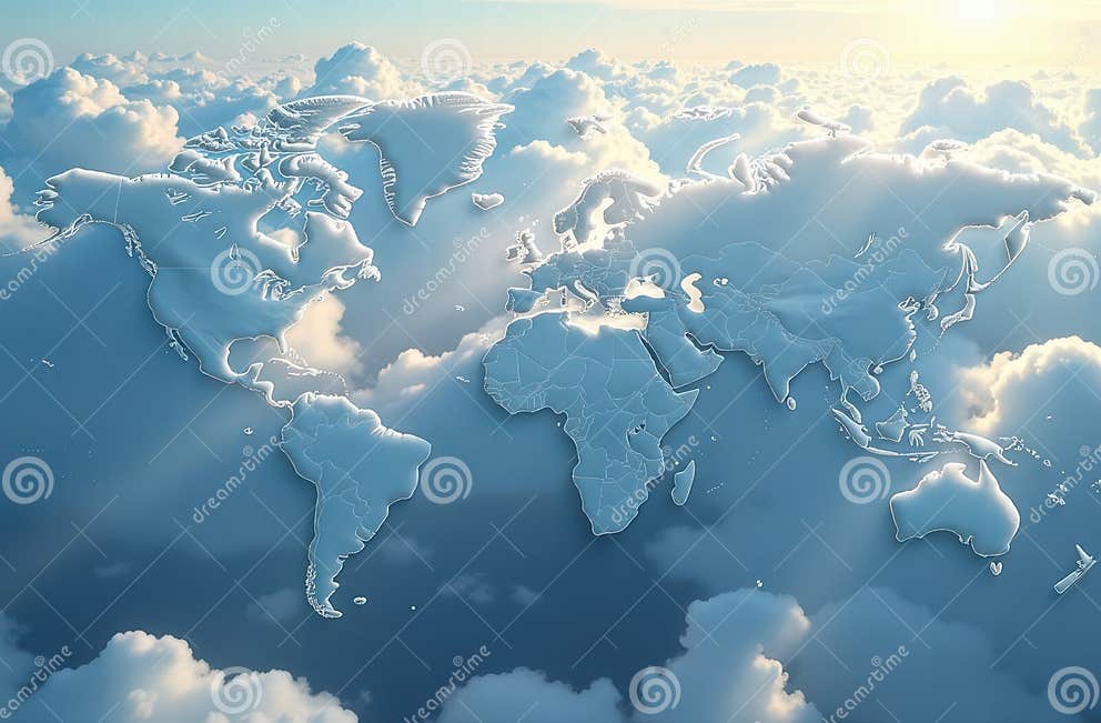 World Map in the Clouds at Dawn: Global Connection and Exploration Concept Stock Photo - Image ...