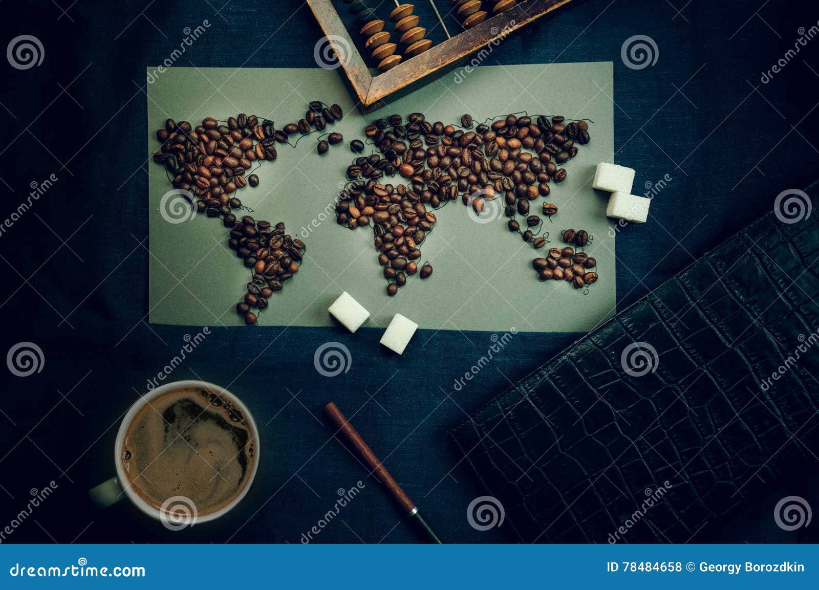 World Map of Coffee Beans, Cup . Trade and Globalization. Top View ...