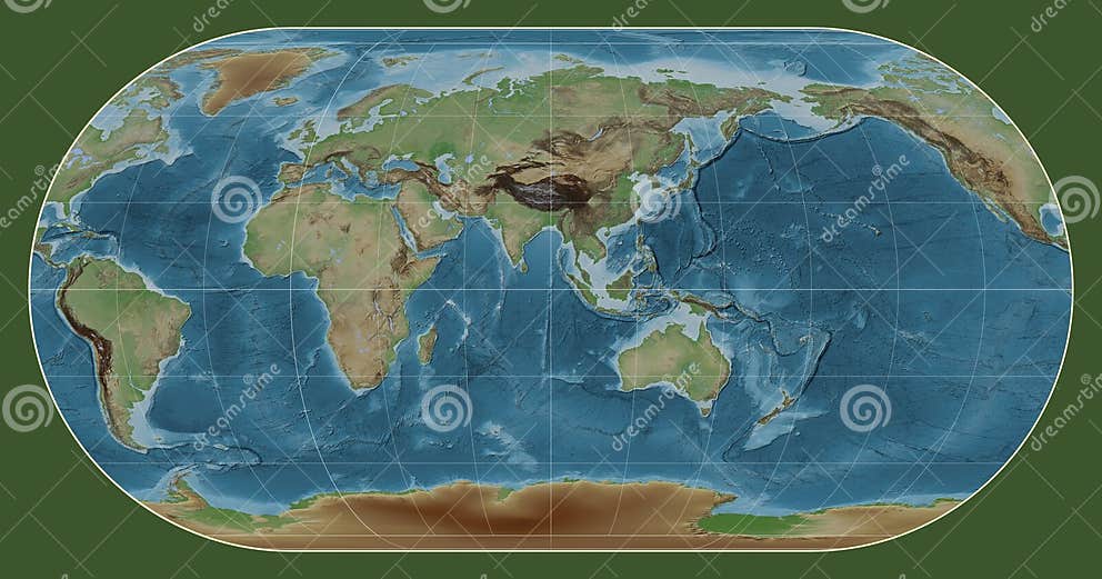World Map. Colored Elevation. Eckert III Projection. Meridian: 9 Stock ...