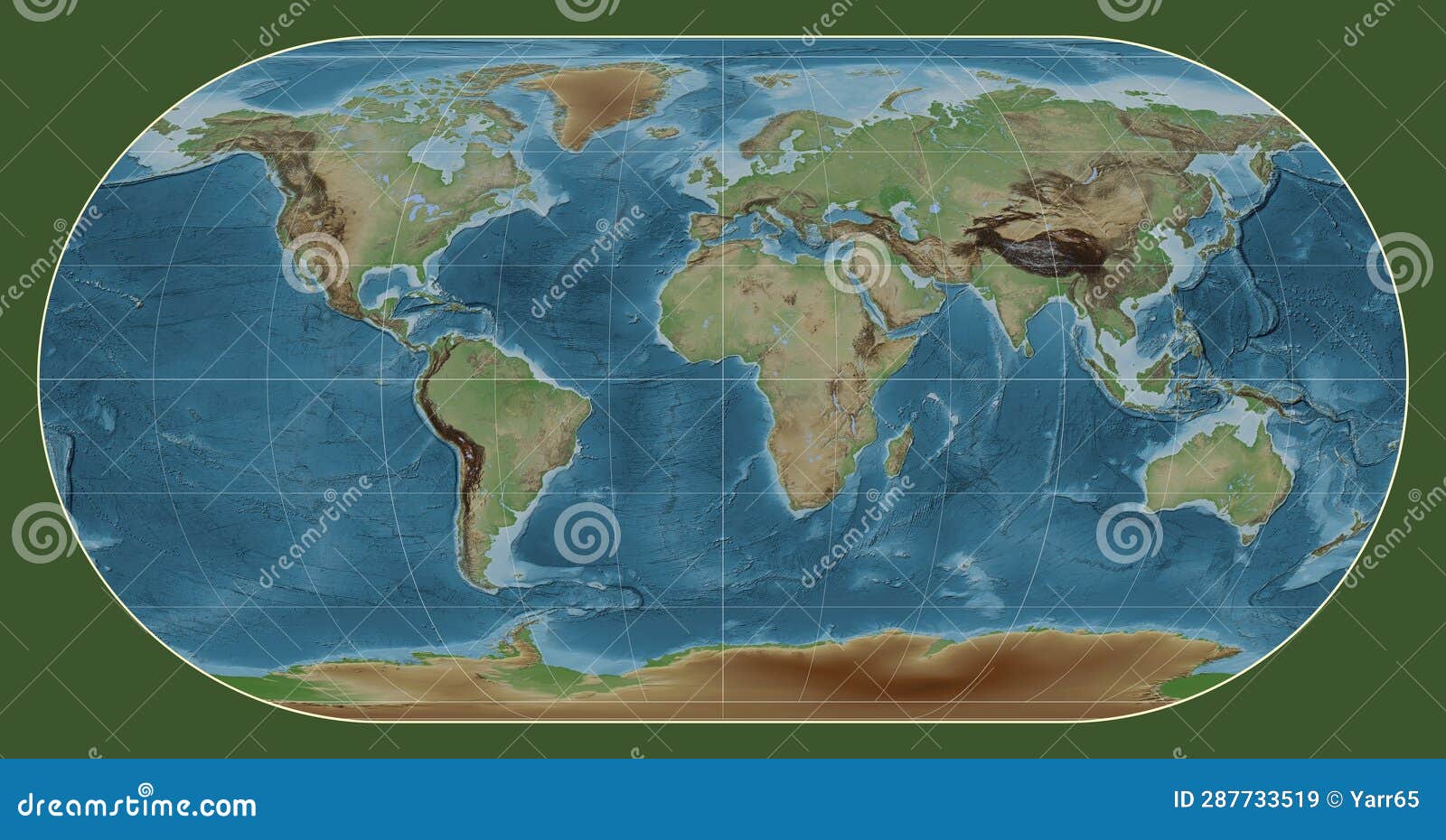 World Map. Colored Elevation. Eckert III Projection. Meridian: 0 Stock ...