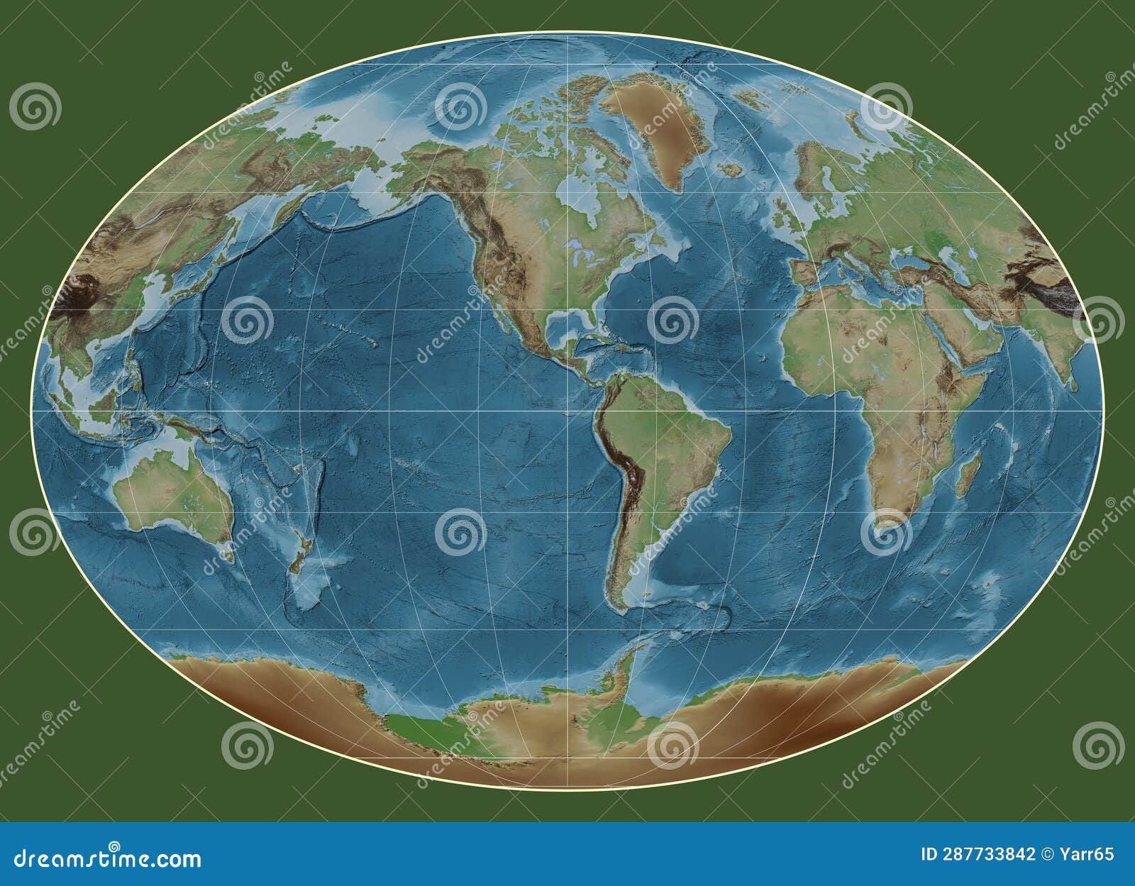 World Map. Colored Elevation. Fahey Projection. Meridian: -90 we Stock ...