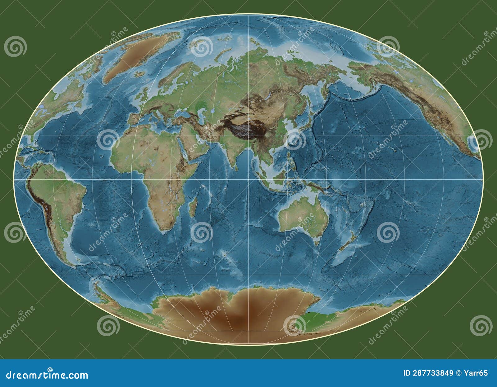 World Map. Colored Elevation. Fahey Projection. Meridian: 90 Eas Stock ...