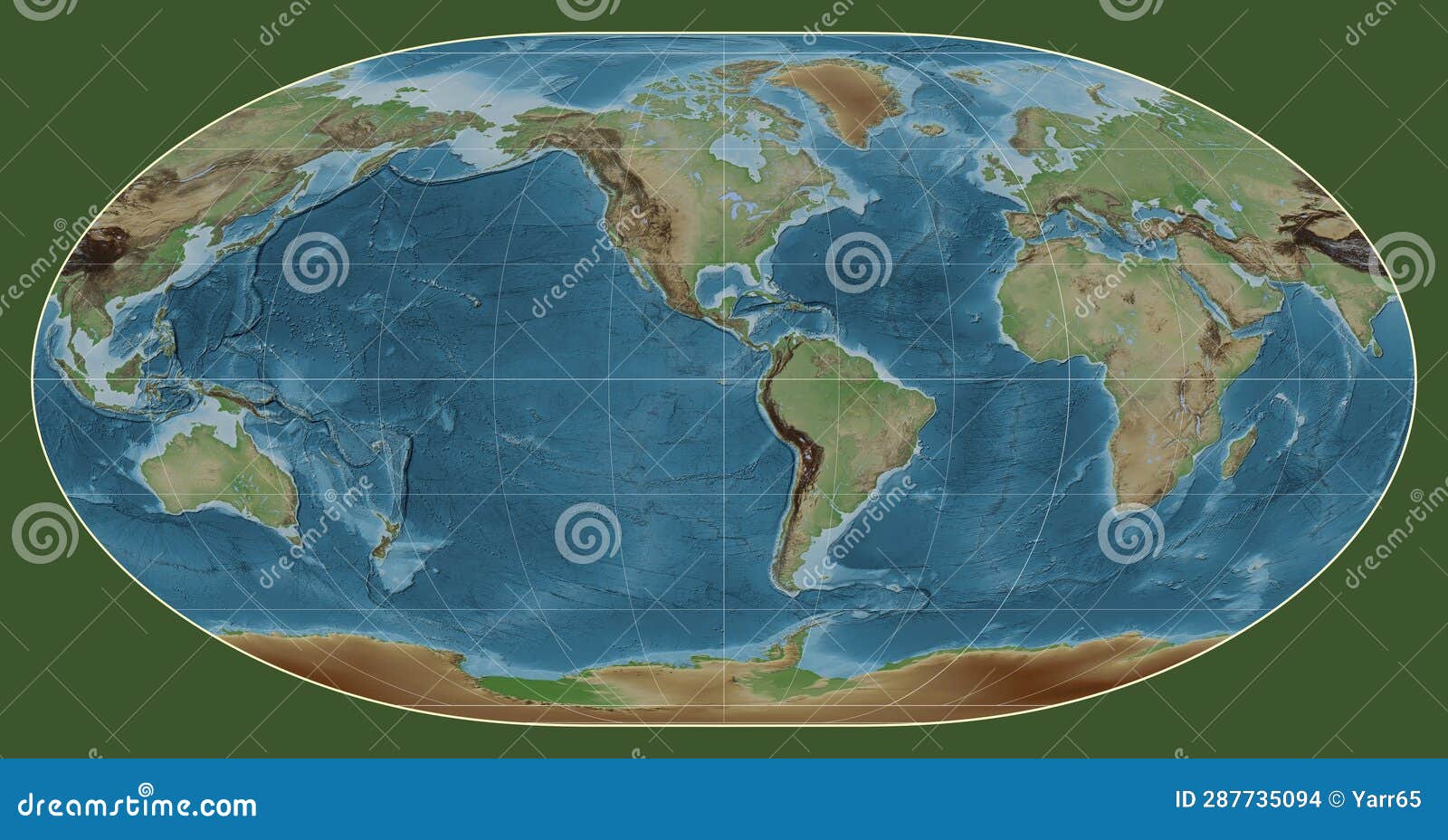 World Map. Colored Elevation. Loximuthal Projection. Meridian: - Stock ...