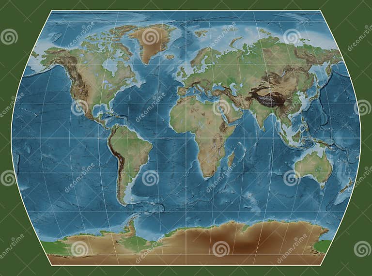 World Map. Colored Elevation. Times Projection. Meridian: 0 Stock ...