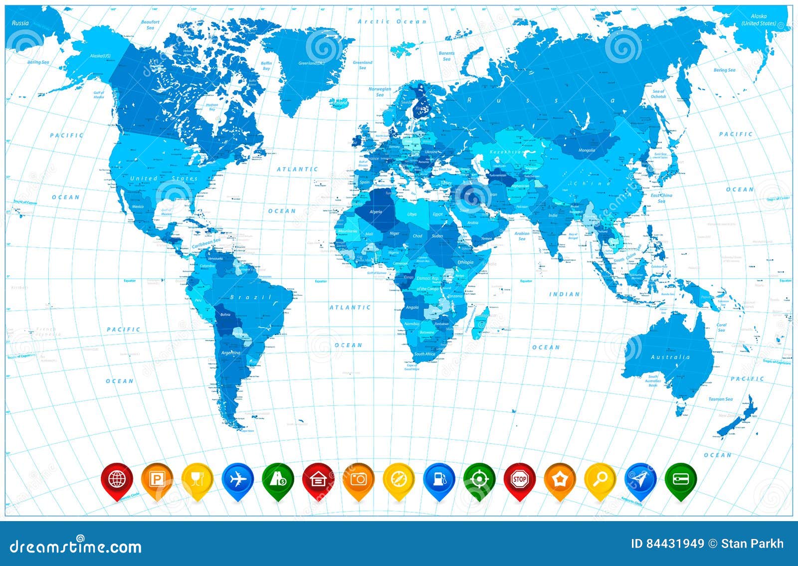 World Map in Colors of Blue and Colorful Map Pointers Stock Vector ...
