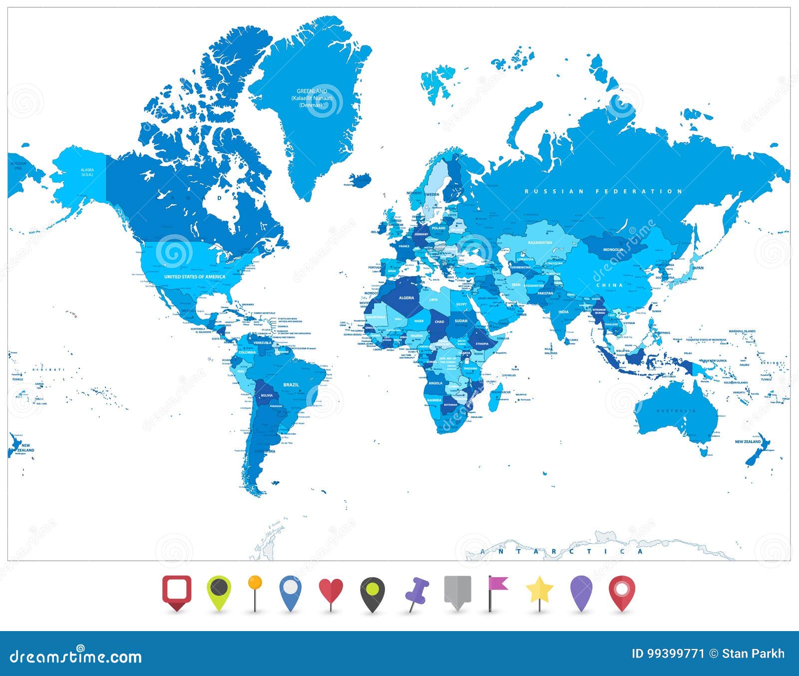 World Map in Colors of Blue and Flat Map Pointers Stock Vector ...