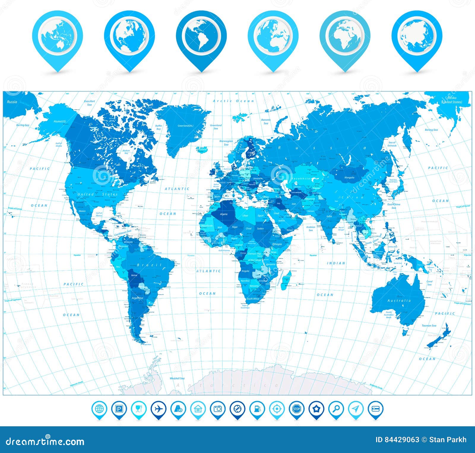 World Map in Colors of Blue and Map Pointers Stock Vector ...