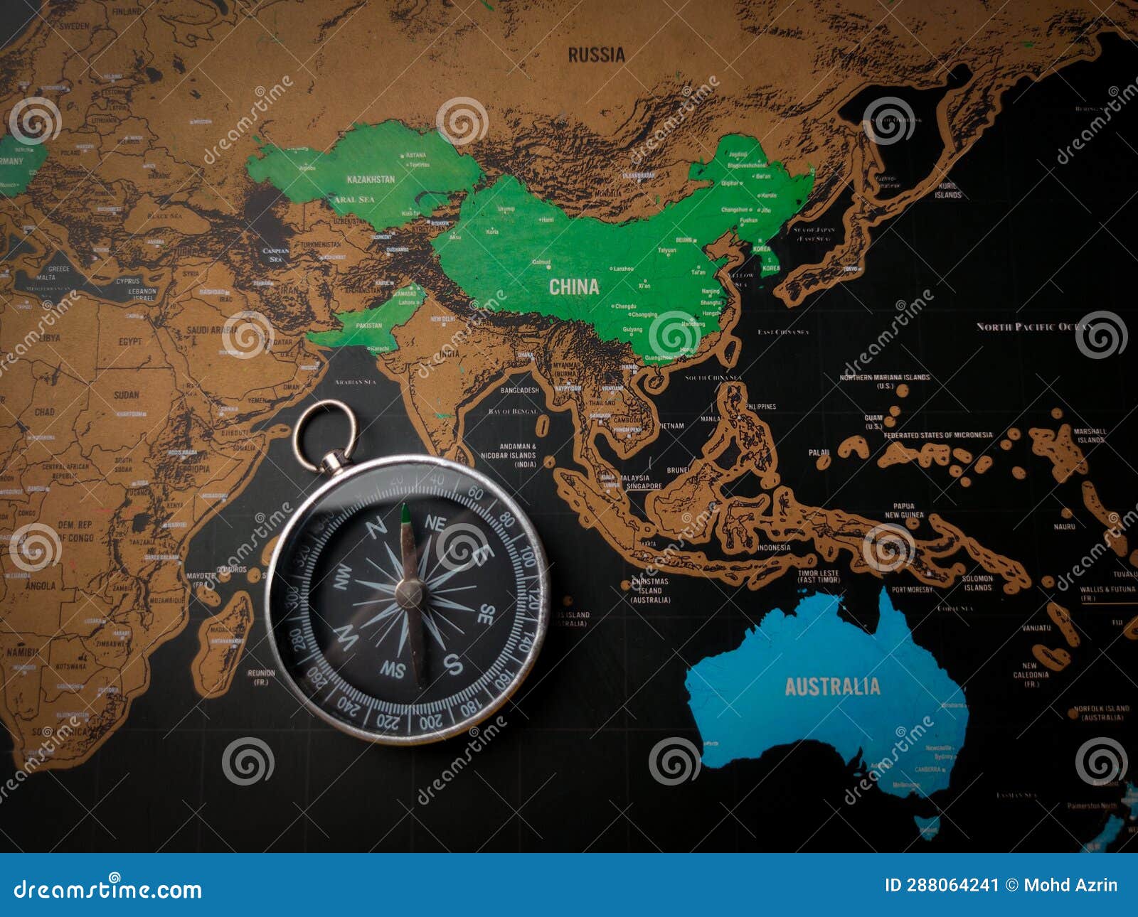 World Map and Compass and Focus To CHINA and AUSTRALIA Map Stock Image ...