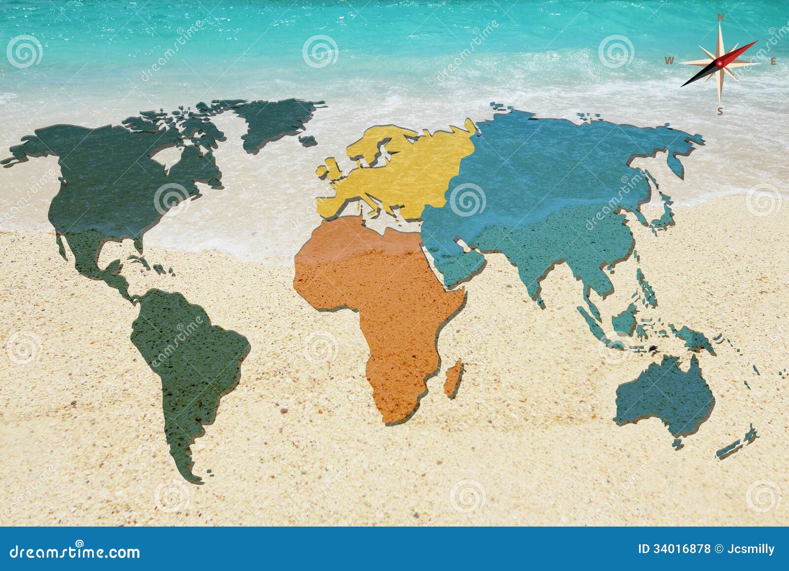 World Map and Compass on Sea Background Stock Illustration ...
