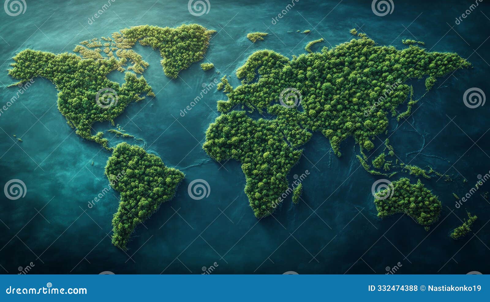 World Map Composed of Lush Greenery and Forests Over Ocean Stock Photo ...