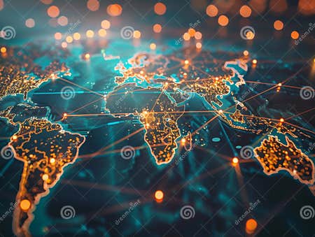A World Map Connected by Orange Lines with Glowing Lights Stock ...