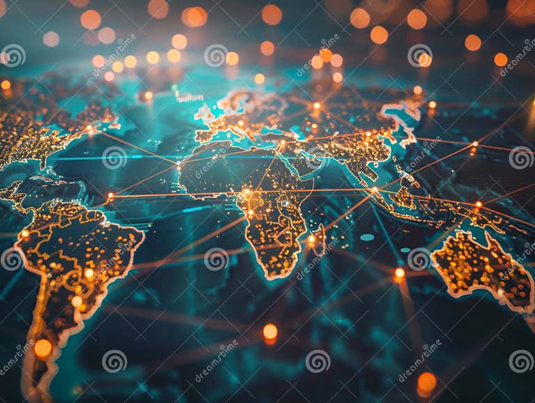 A World Map Connected by Orange Lines with Glowing Lights Stock ...