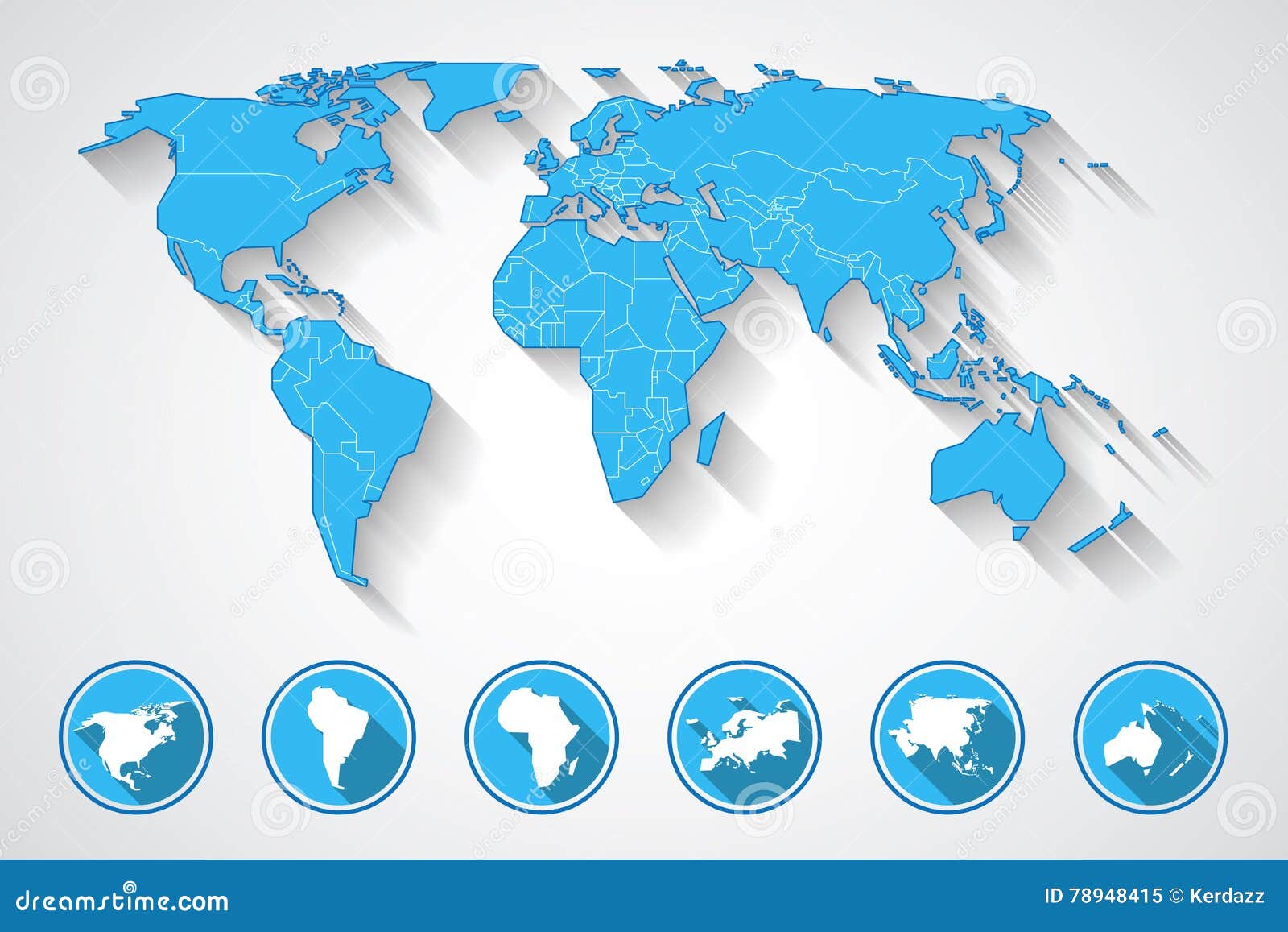 World Map and Continent Icons Stock Illustration - Illustration of ...
