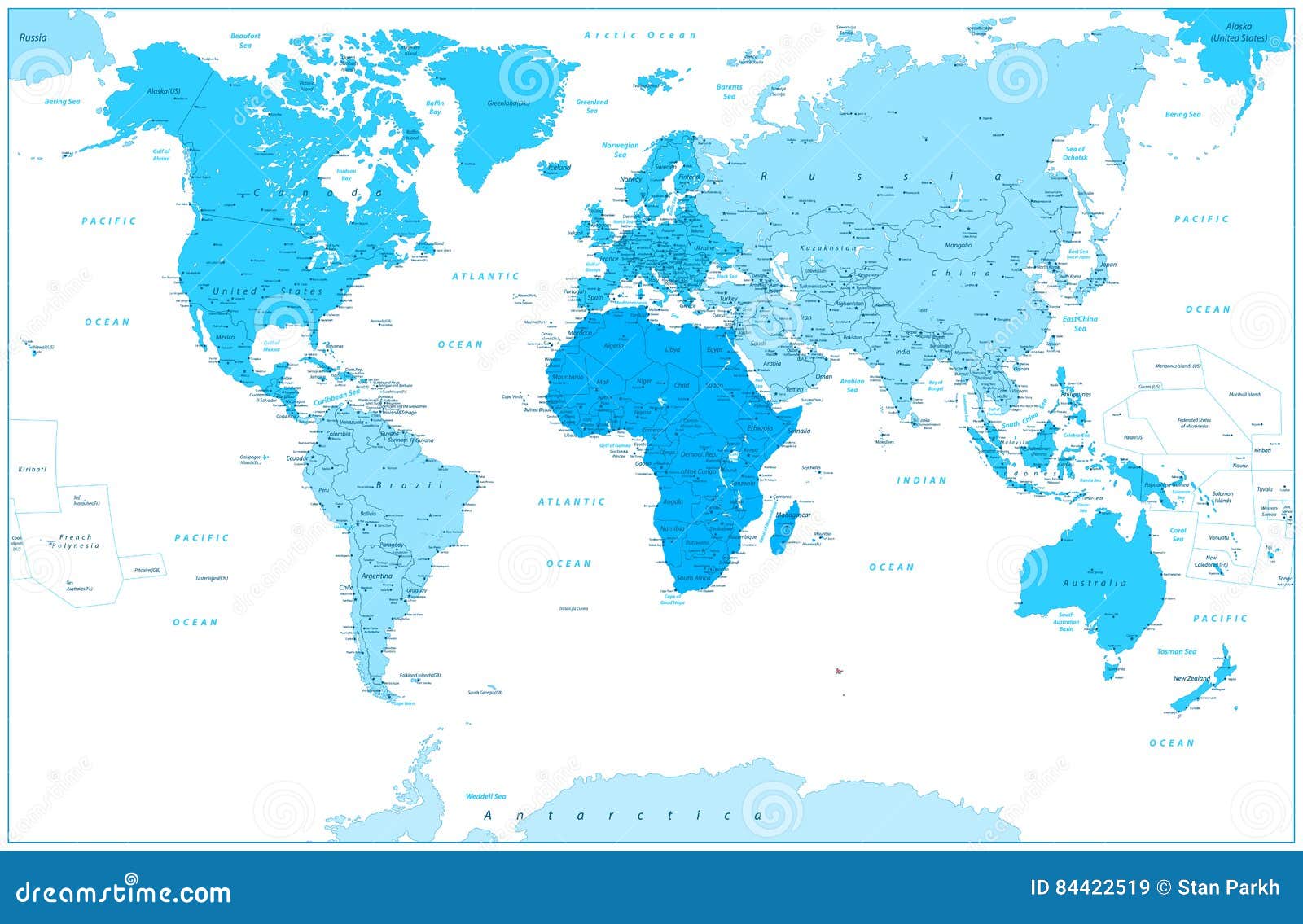 World Map and Continents in Colors of Blue on White Stock Vector ...