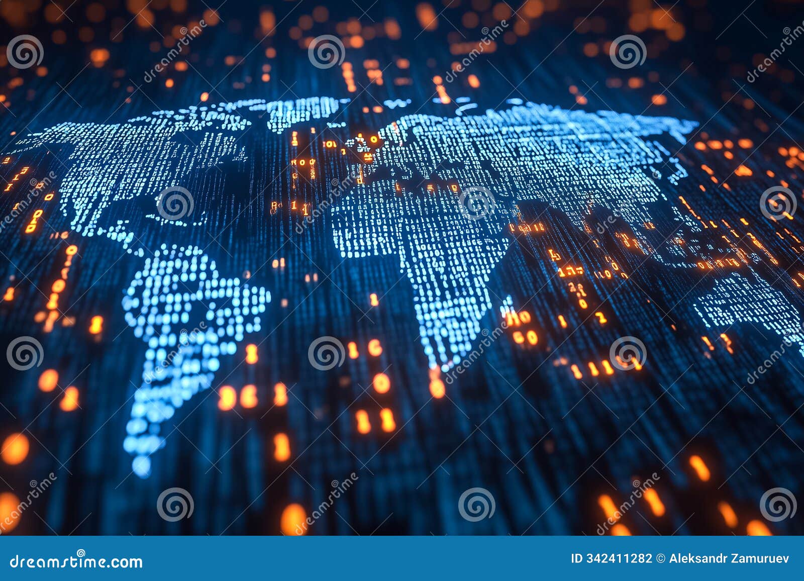 A World Map Created with Glowing Binary Code, Merging Technology and ...