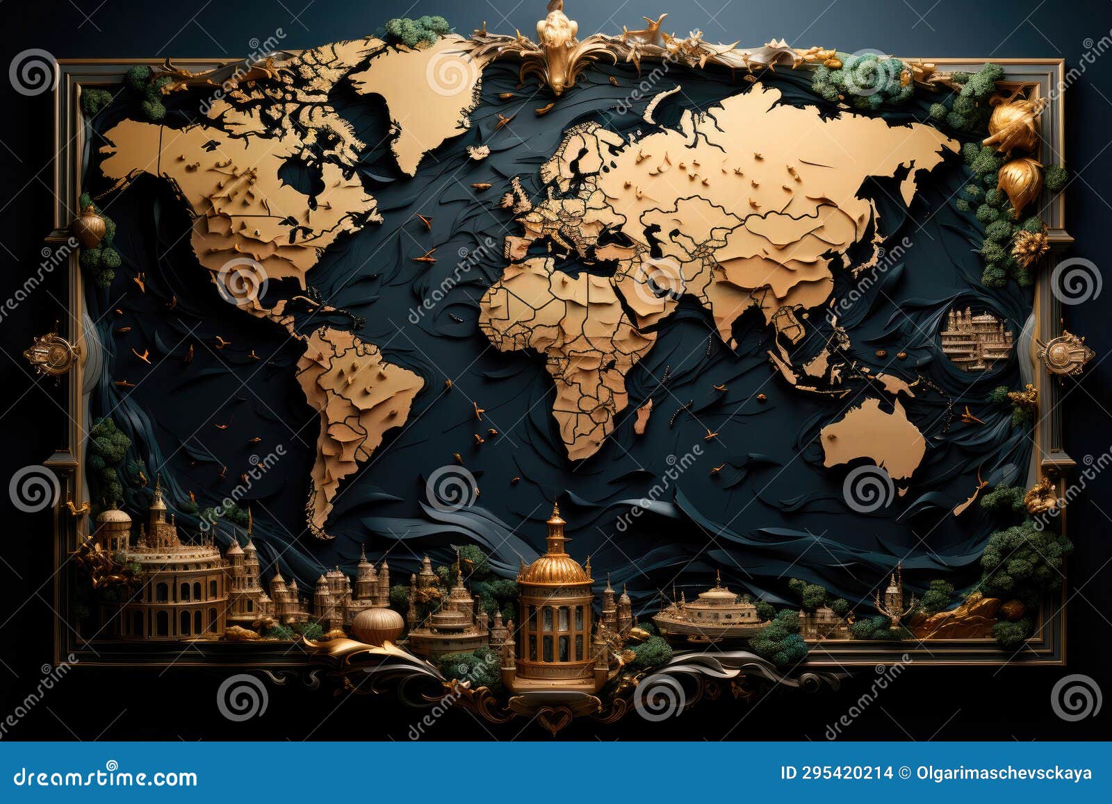 World Map in a Creative Frame in Dark Colors Stock Illustration ...