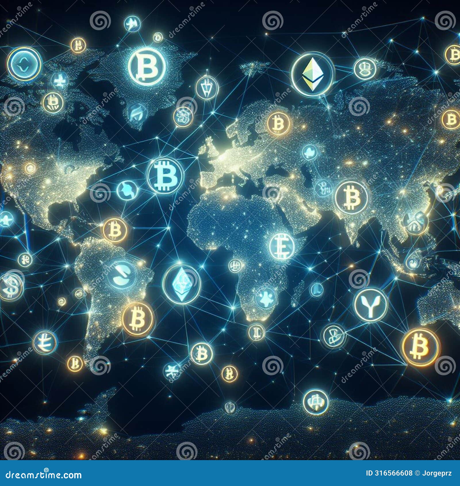 World Map and Cryptocurrencies Interconnected. Stock Illustration ...