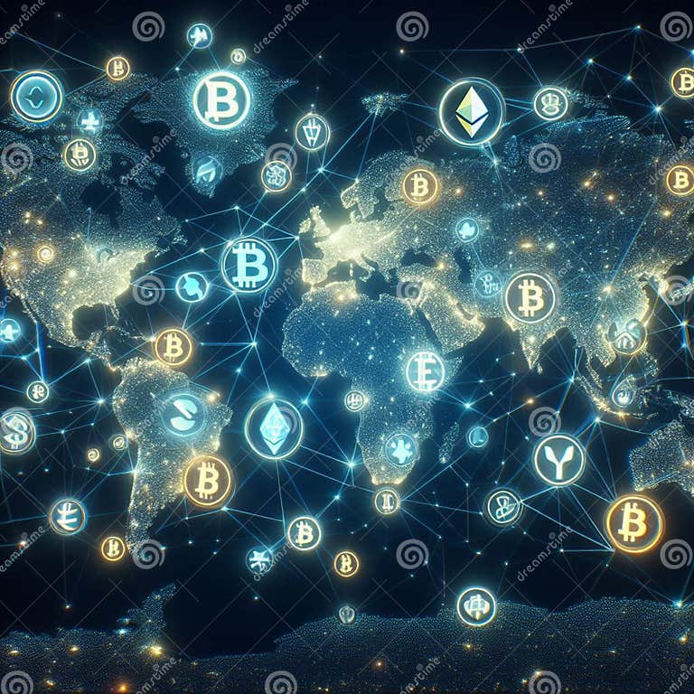 World Map and Cryptocurrencies Interconnected. Stock Illustration ...