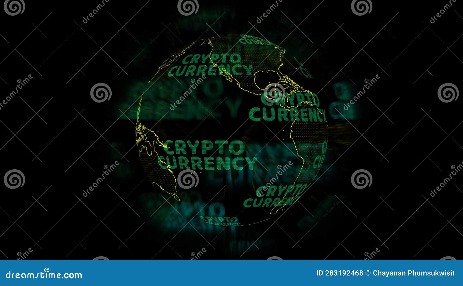 World Map with Cryptocurrency Digital Text and Blur Ray Rotating Stock ...