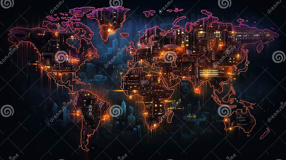World Map Cyberpunk Background. Generative AI Stock Illustration ...