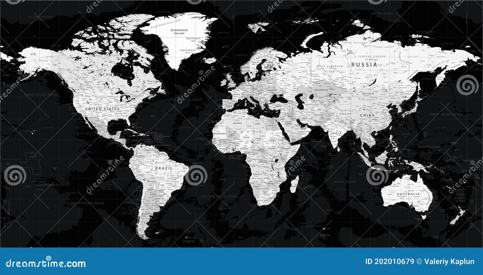 World Map - Dark Black Grayscale Political - Vector Detailed ...