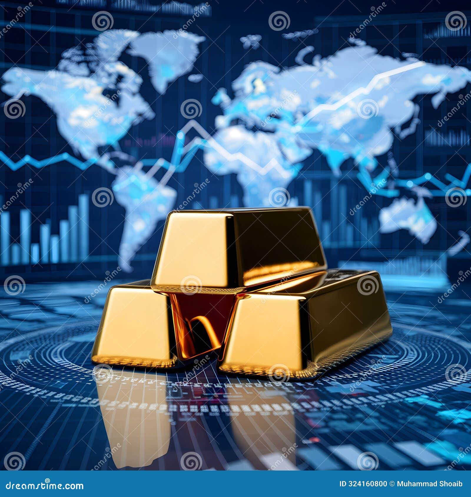 World Map with Data Points, Graphs, and Stacked Reflective Gold Bars ...